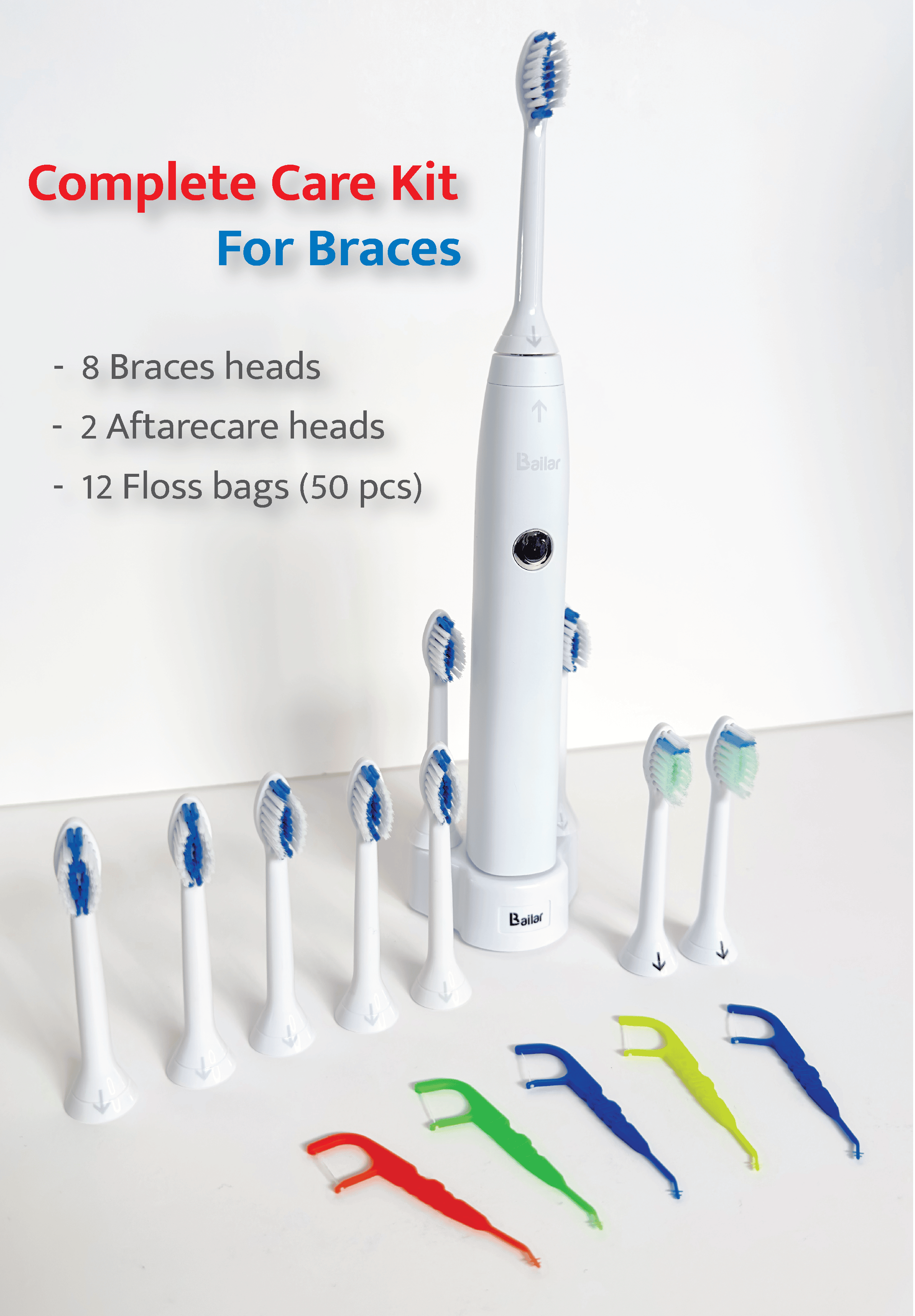 Complete Care Kit for Braces, Electric Toothbrush, Rechargeable with 8